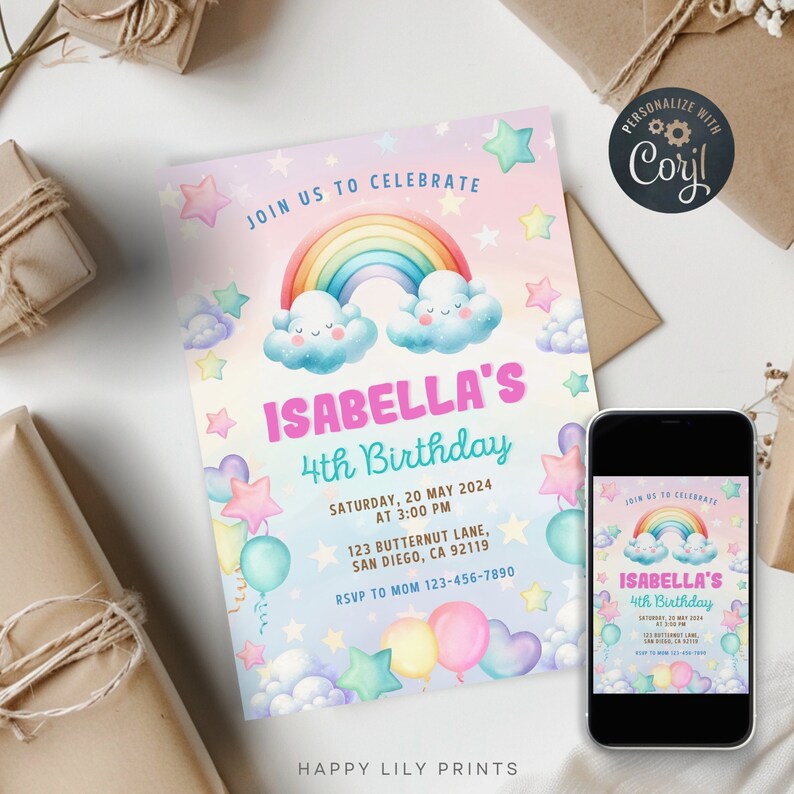 Editable Rainbow Birthday Invitation, Rainbow Invite, Rainbow Birthday ...