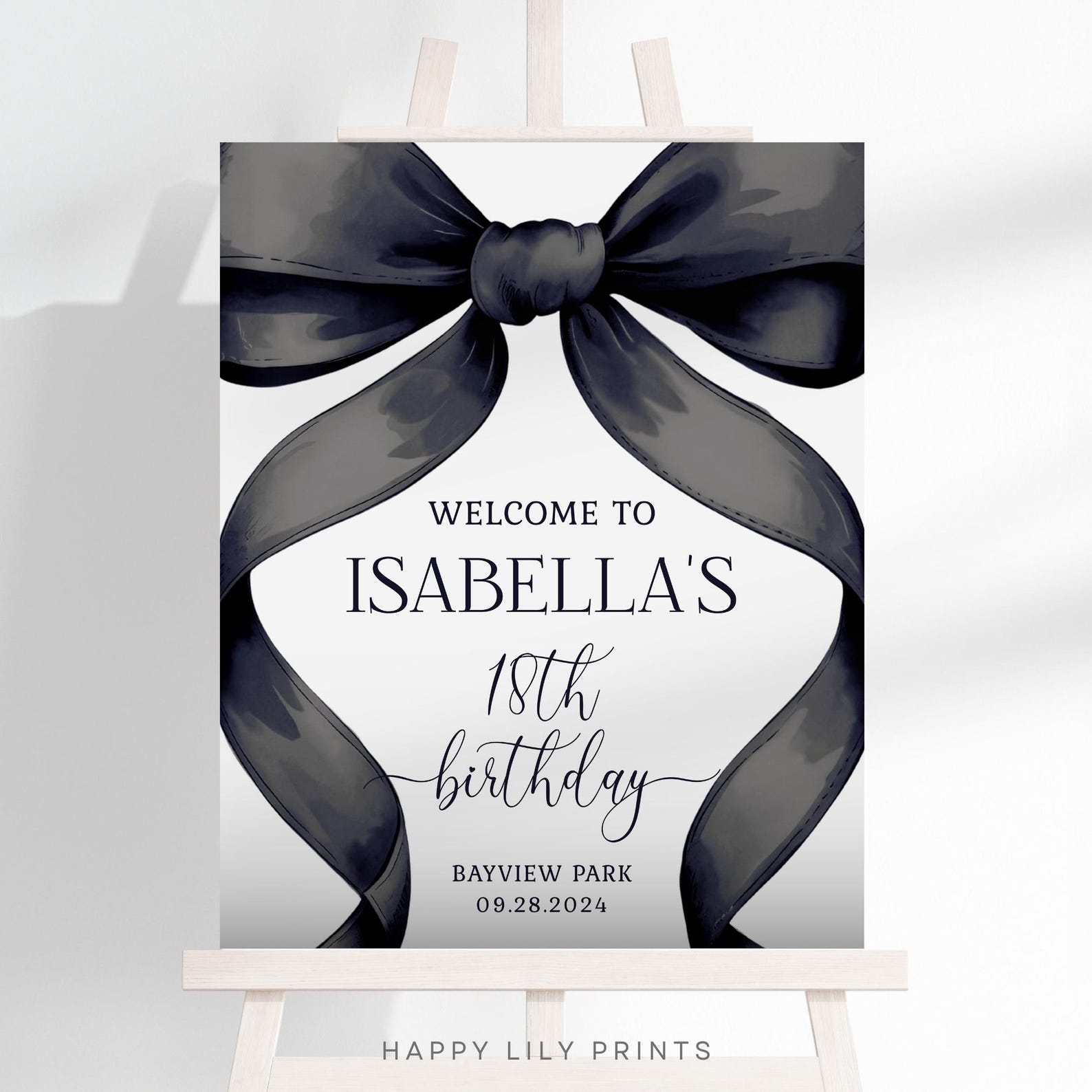 Black Bow Welcome Sign, Editable Black Bow Birthday Welcome Sign ...