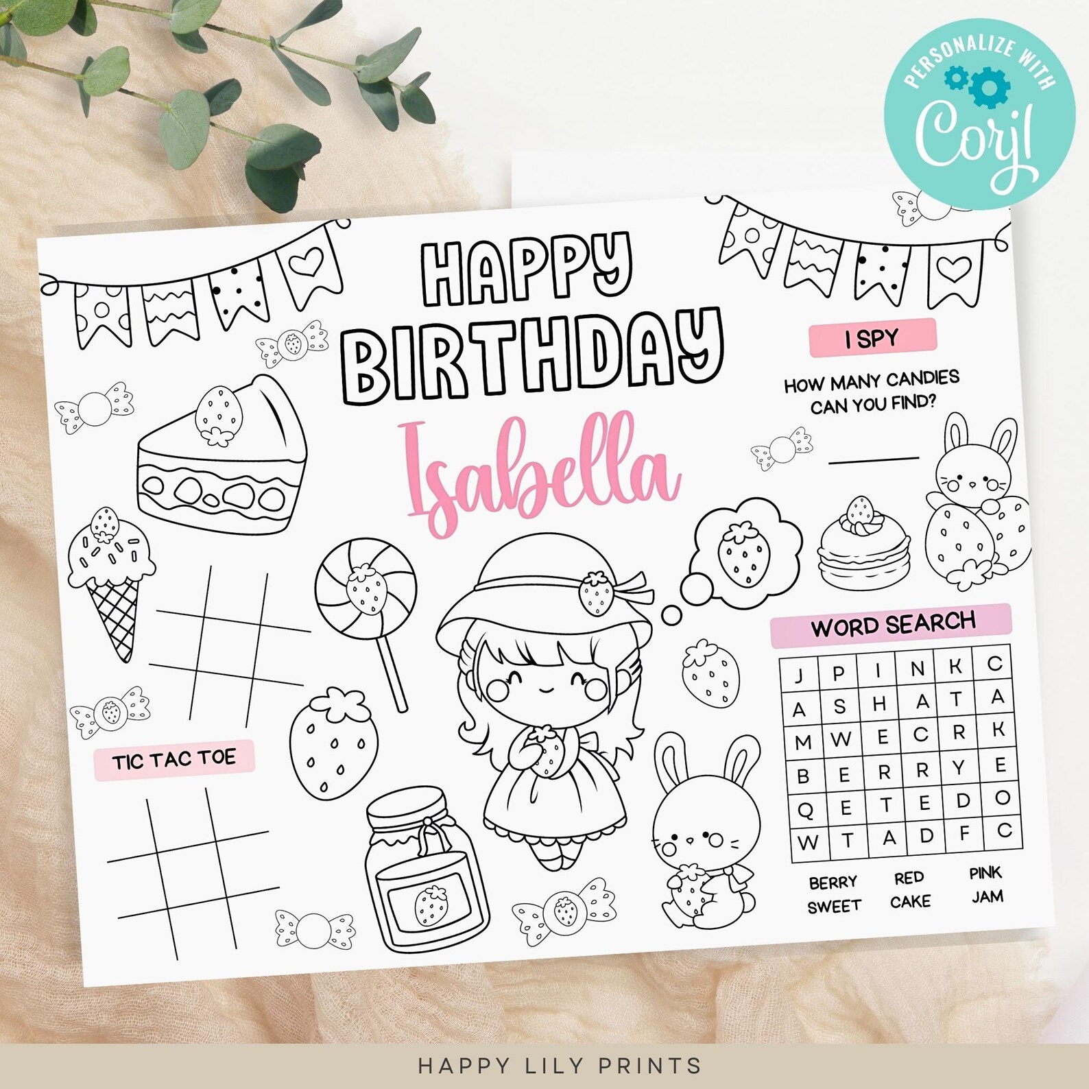 Berry First Birthday Coloring Page, Editable Strawberry Placemat ...