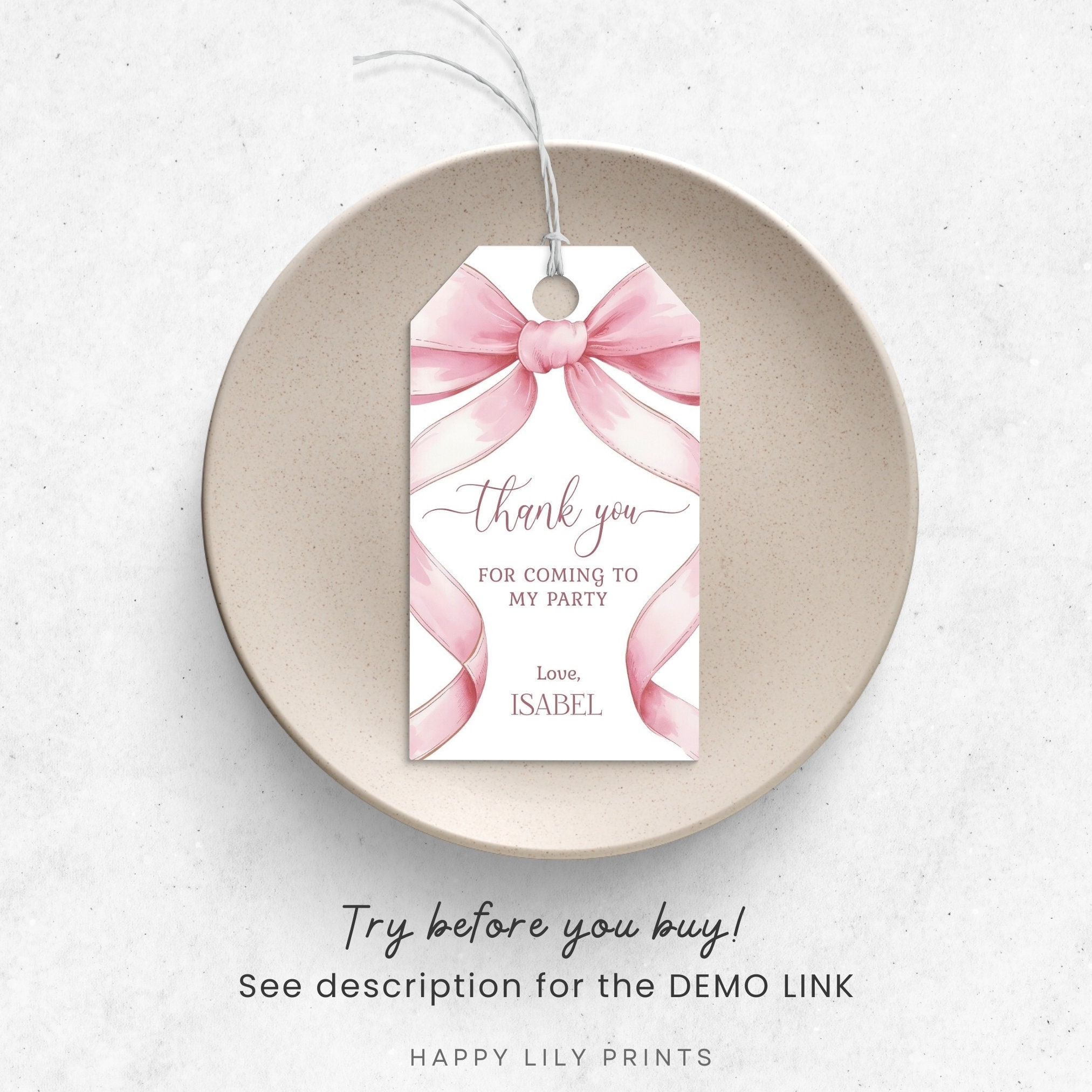 Pink Bow Thank You Tag, Editable Pink Bow Party Favors Tag, Minimalist ...
