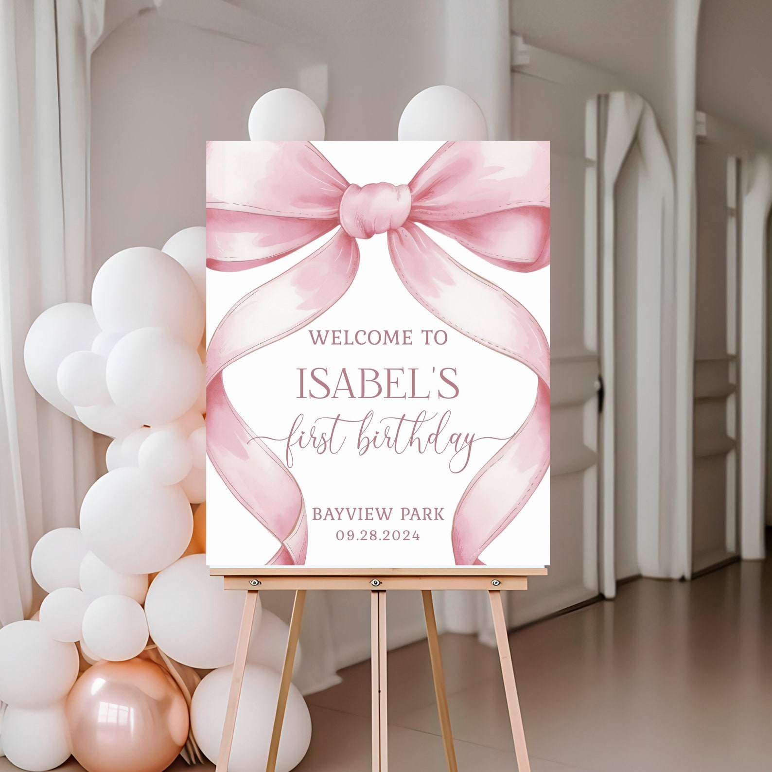 Pink Bow Welcome Sign, Editable Pink Bow 1st Birthday Welcome Sign ...