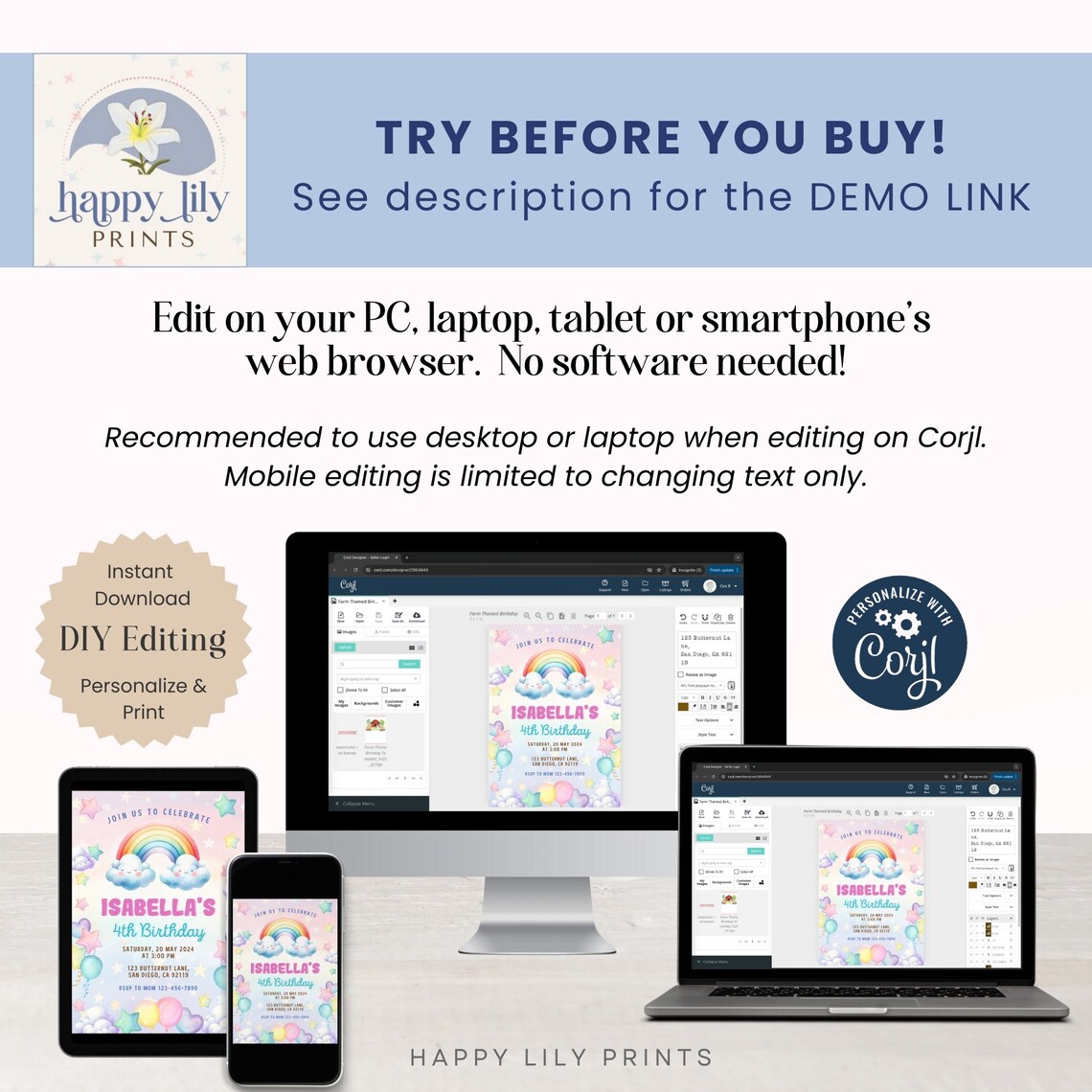 Editable Rainbow Birthday Party Favors Tag, Rainbow Party Thank You Tag ...