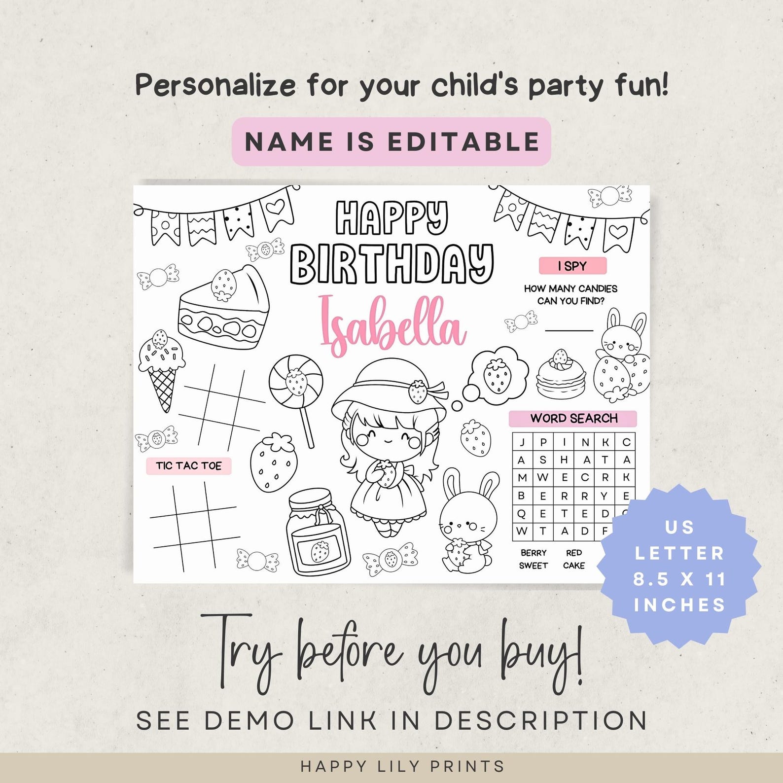 Berry First Birthday Coloring Page, Editable Strawberry Placemat ...