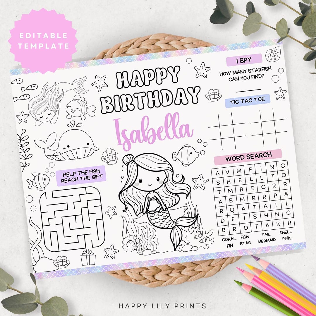 Mermaid Printable Placemat, Editable Mermaid Birthday Coloring Placemat ...