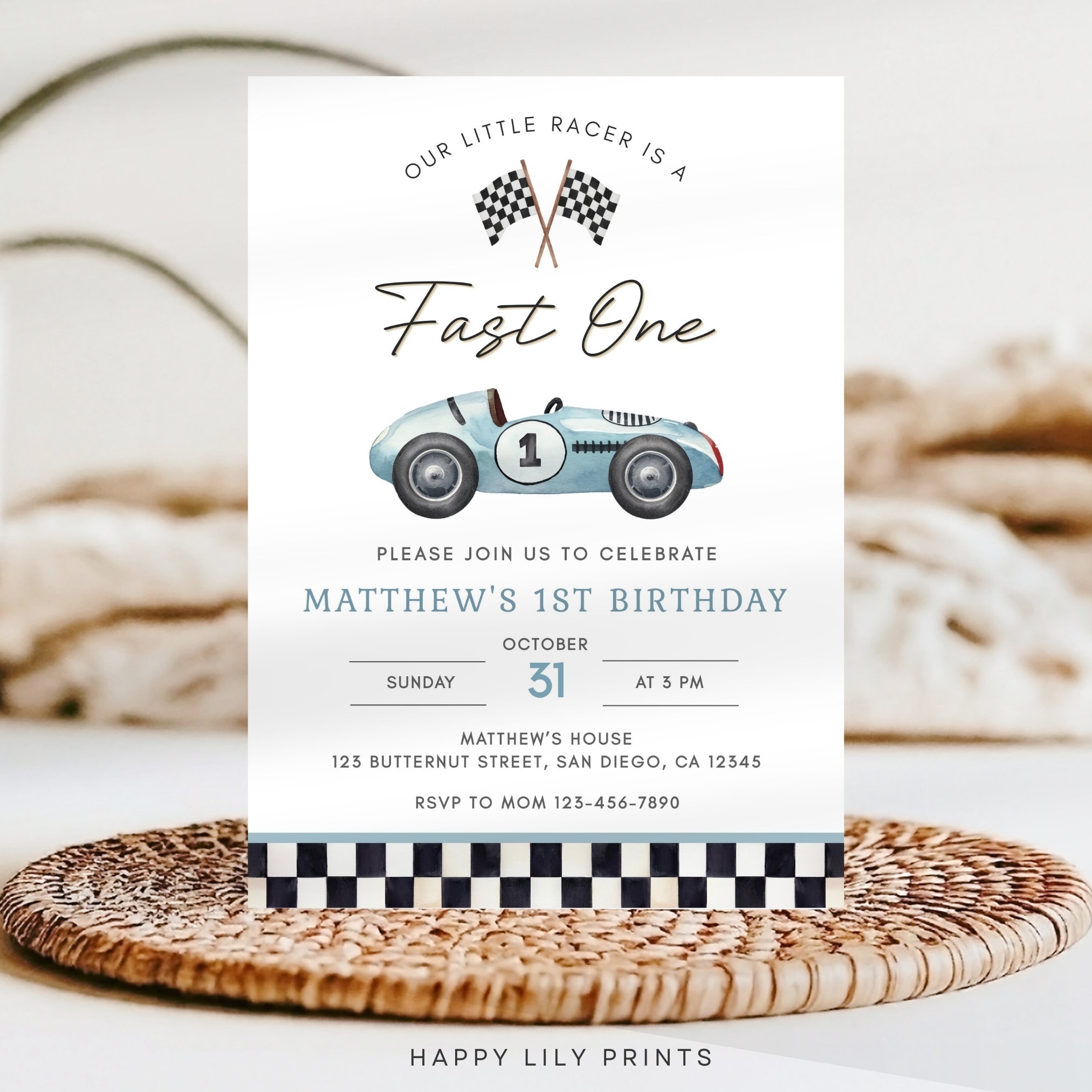 Race Car Birthday Invitation, Vintage Race Car Fast One 1st Birthday ...