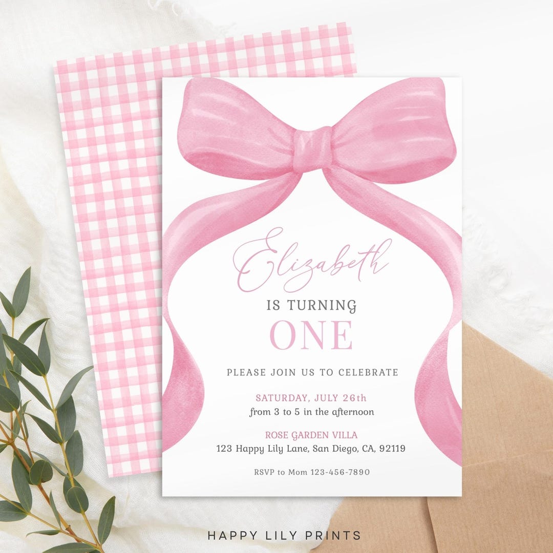 Editable Pink Bow Birthday Invitation, 1st Birthday, First Birthday ...