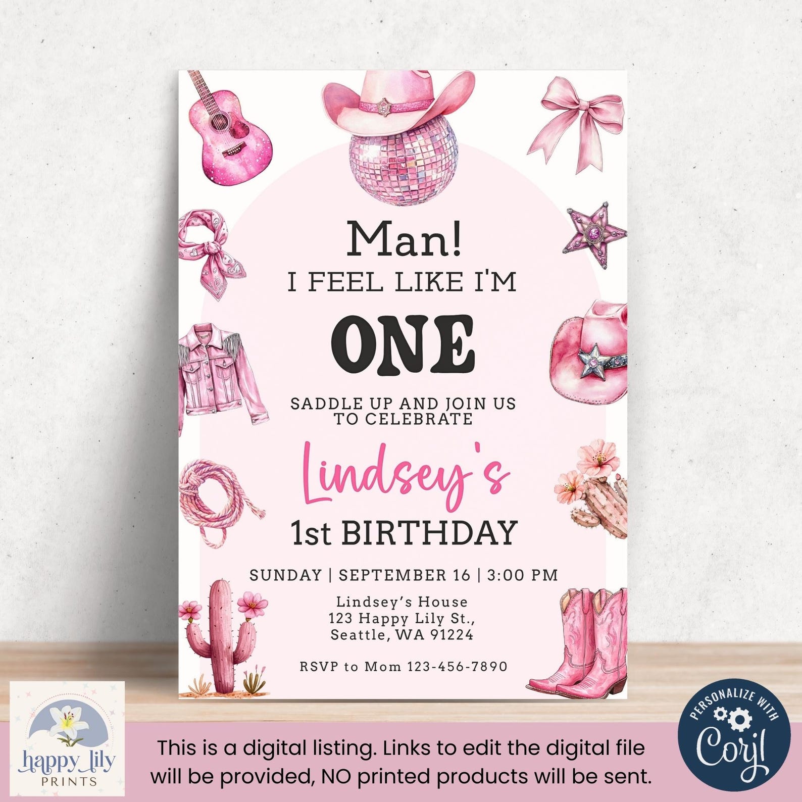 Man I Feel Like I'm One Birthday Invite, Disco Cowgirl Invite, 1st ...