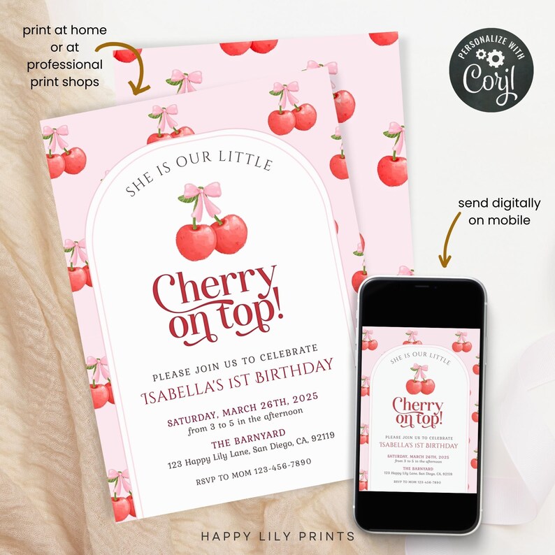 She's the Cherry on Top Birthday Invite, Cherry on Top Invite, Cherry ...