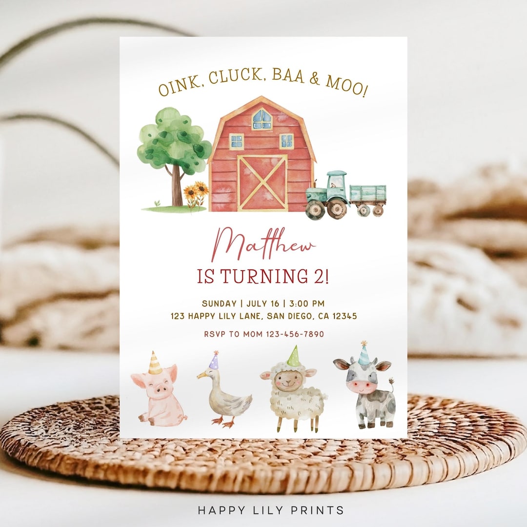 Farm Theme Birthday Invitation, Editable Boy 2nd Birthday Farm Invite ...