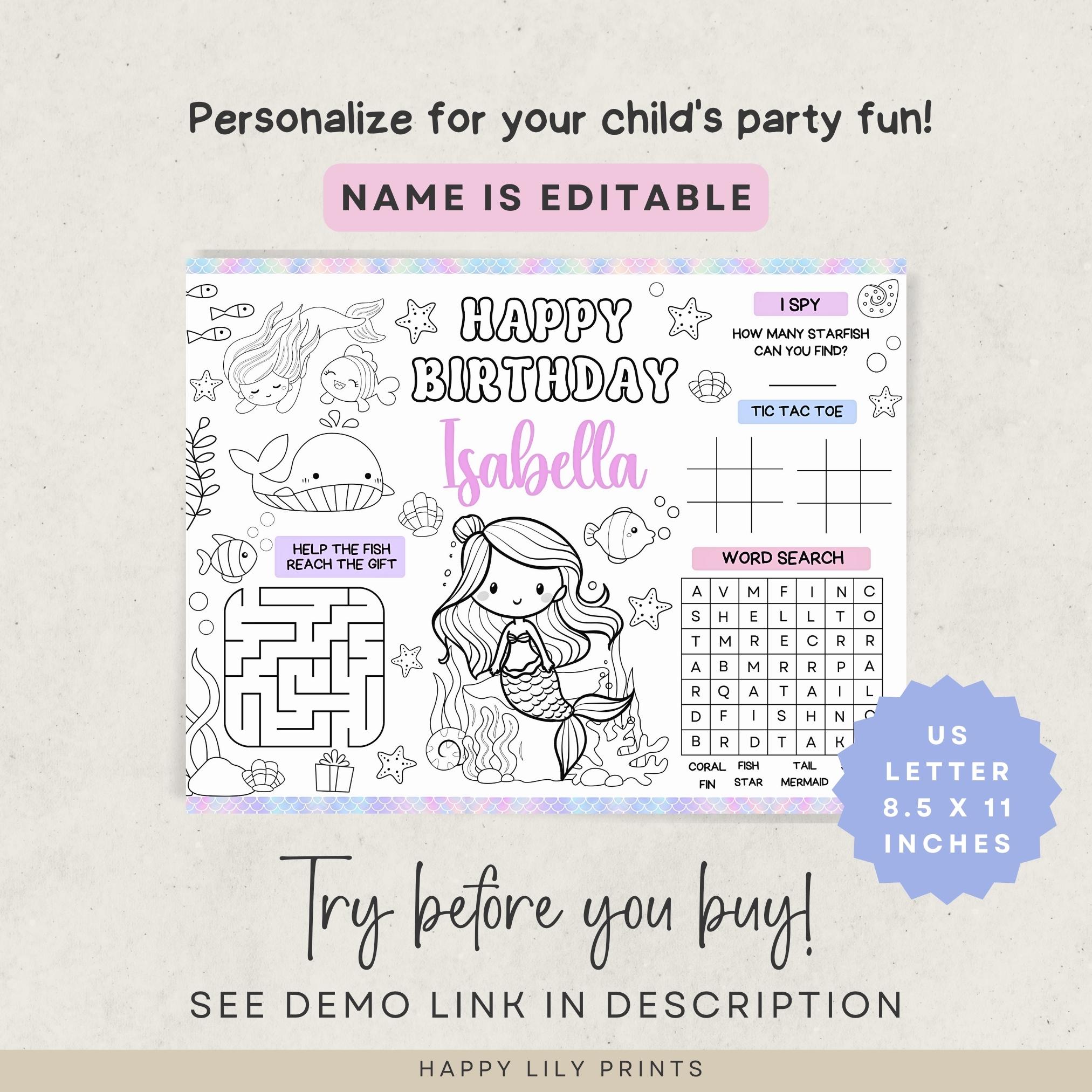 Mermaid Printable Placemat, Editable Mermaid Birthday Coloring Placemat ...