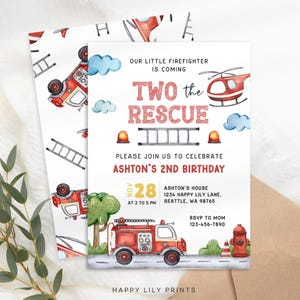 Two the Rescue Birthday Invitation, Fire Truck Invite, Sound the Alarm ...