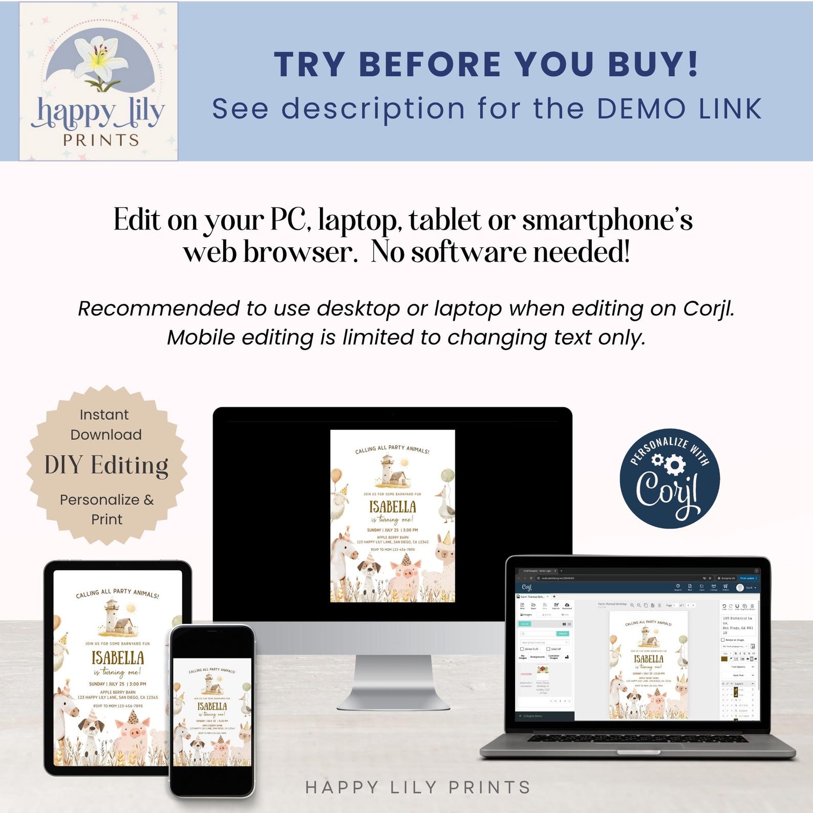 Calling All Party Animals Farm Invitation, Editable Farm Theme Invite ...