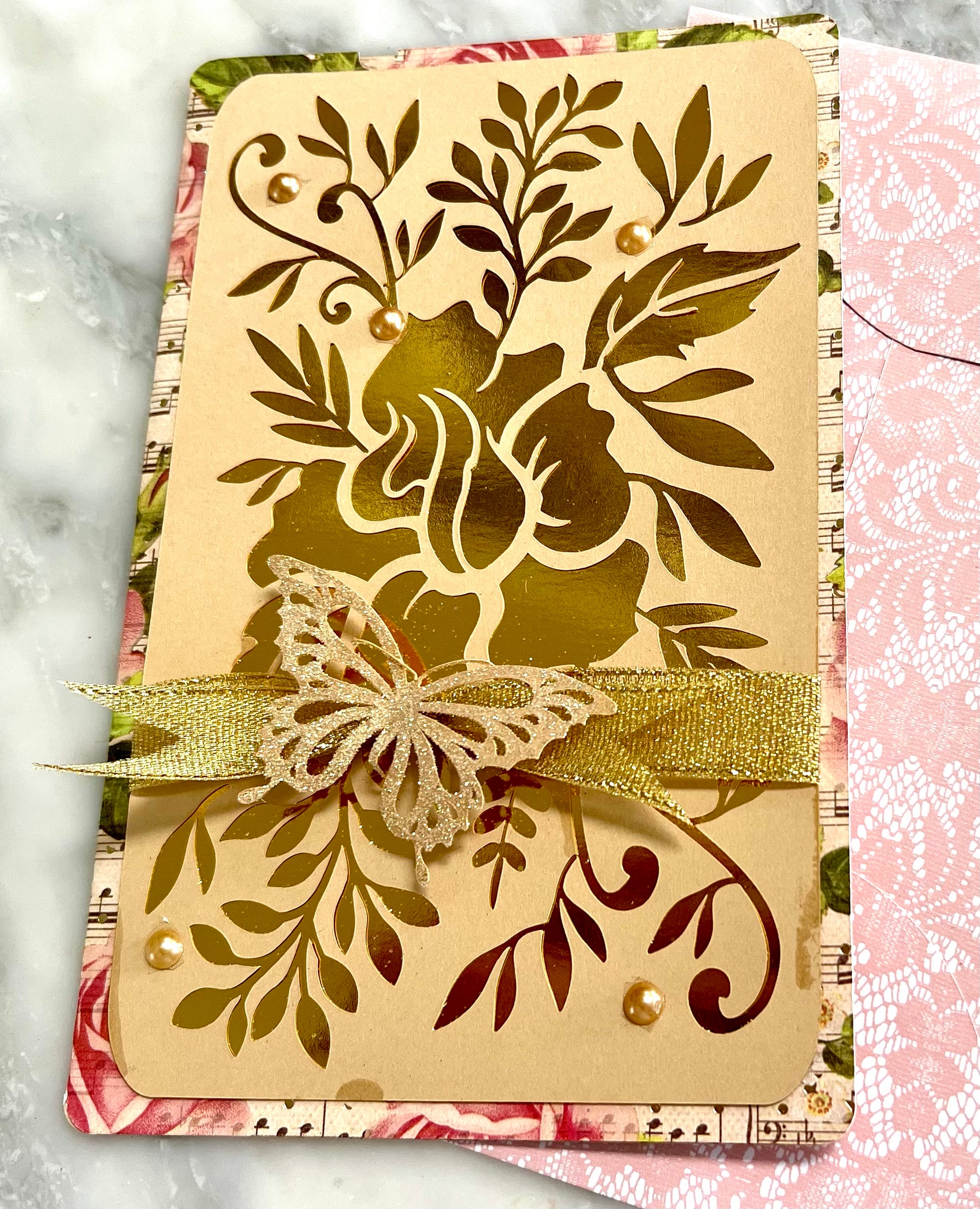 Handmade Gold and Roses Wedding Card With Butterflies and Pearls - Etsy