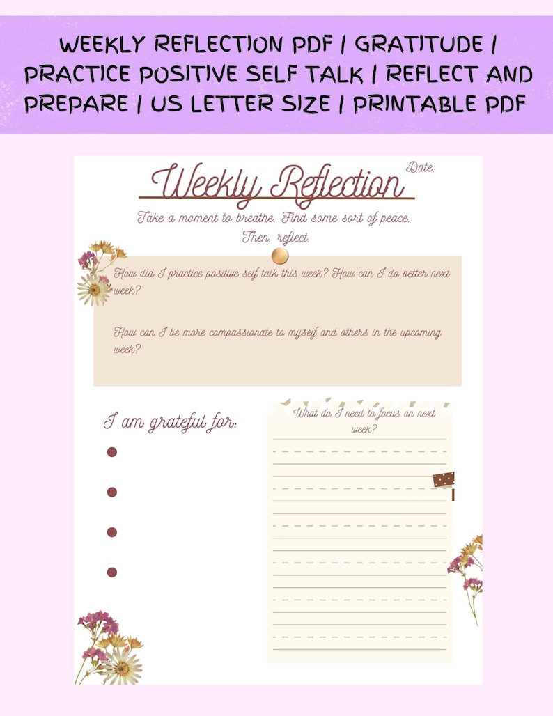 Weekly Reflection Page | Digital Download | Printable PDF | Minimalist ...