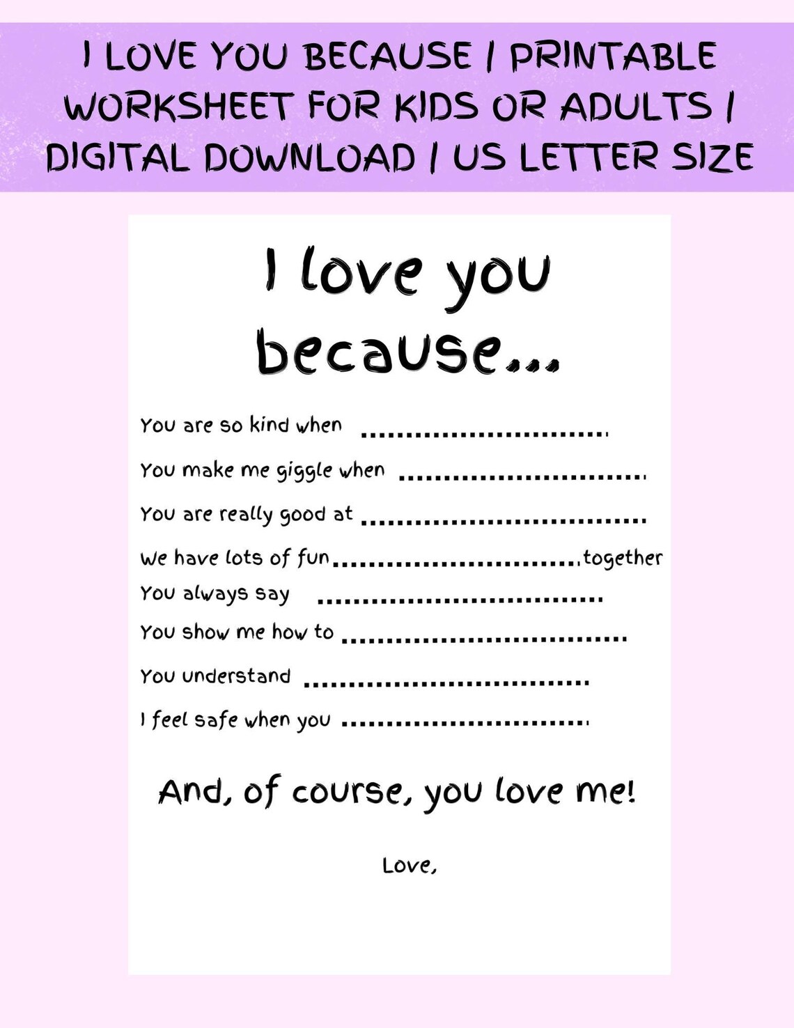 I Love You Because | Printable Gift | Worksheet for Kids or Adults ...