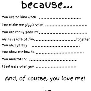 I Love You Because | Printable Gift | Worksheet for Kids or Adults ...