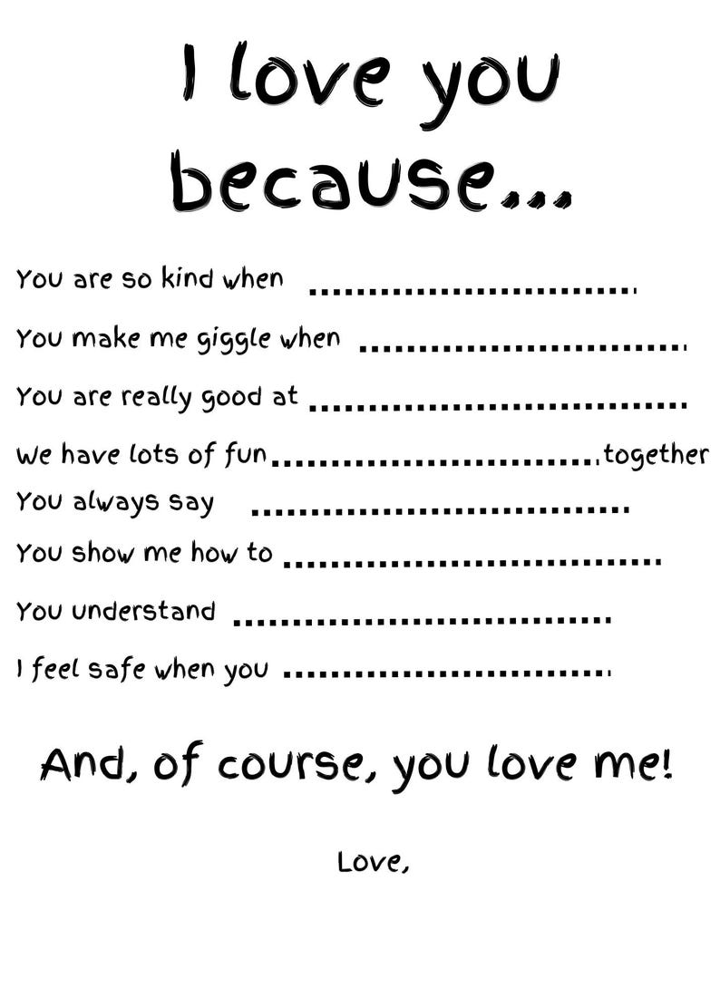 I Love You Because | Printable Gift | Worksheet for Kids or Adults ...