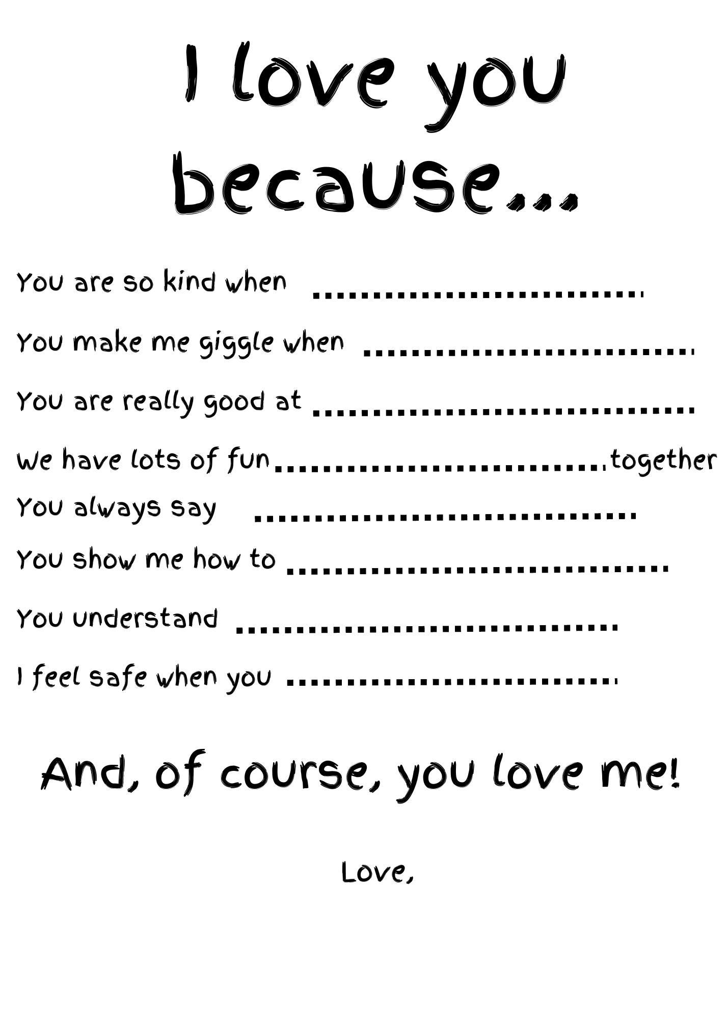 I Love You Because | Printable Gift | Worksheet for Kids or Adults ...