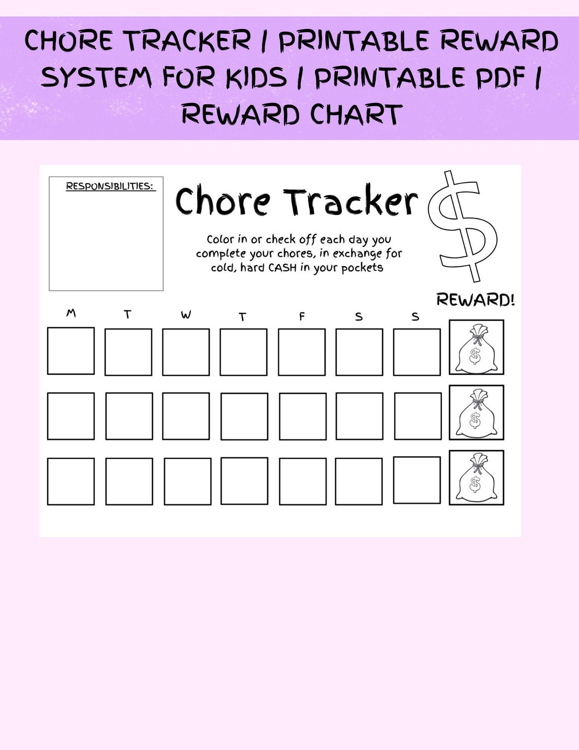 Kids Chore Tracker Weekly Reward Chart Printable PDF - Etsy