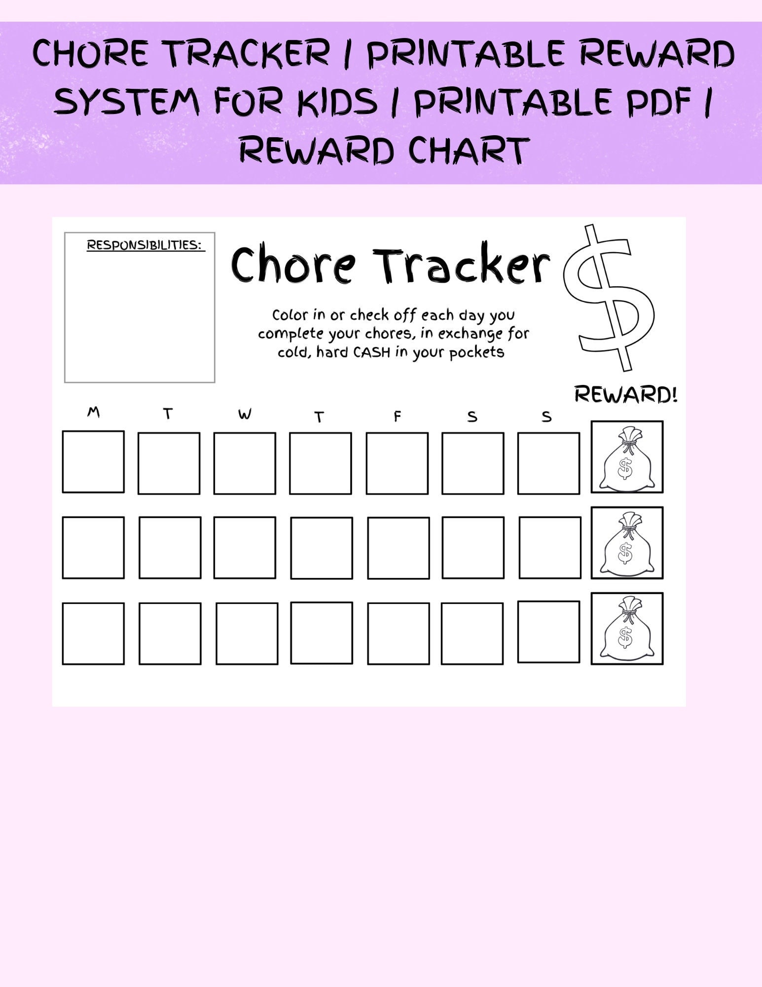 Kids Chore Tracker | Weekly Reward Chart | Printable PDF - Etsy
