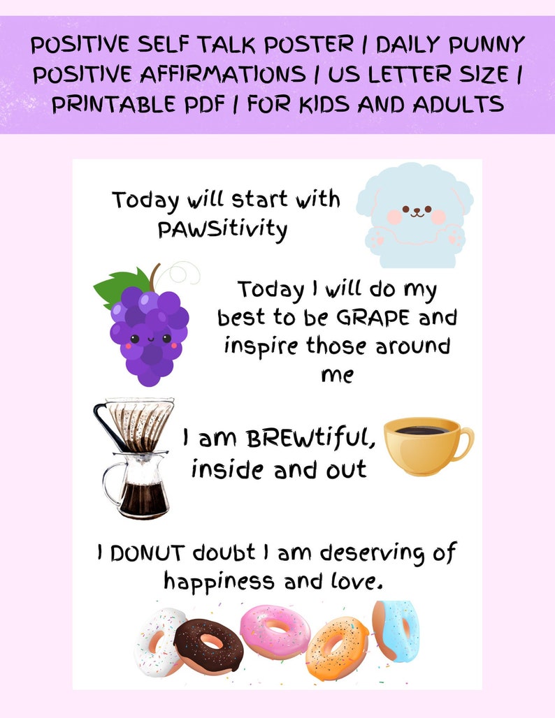 Punny Positive Self Talk Poster | Daily Affirmations | Printable PDF ...