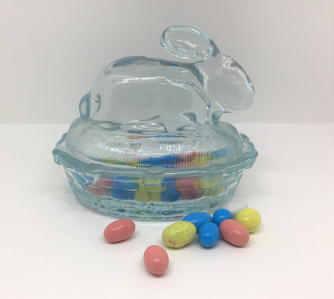 Blue Glass Bunny Rabbit Dish With Lid, Bunny on a Nest Dish, Candy Dish ...