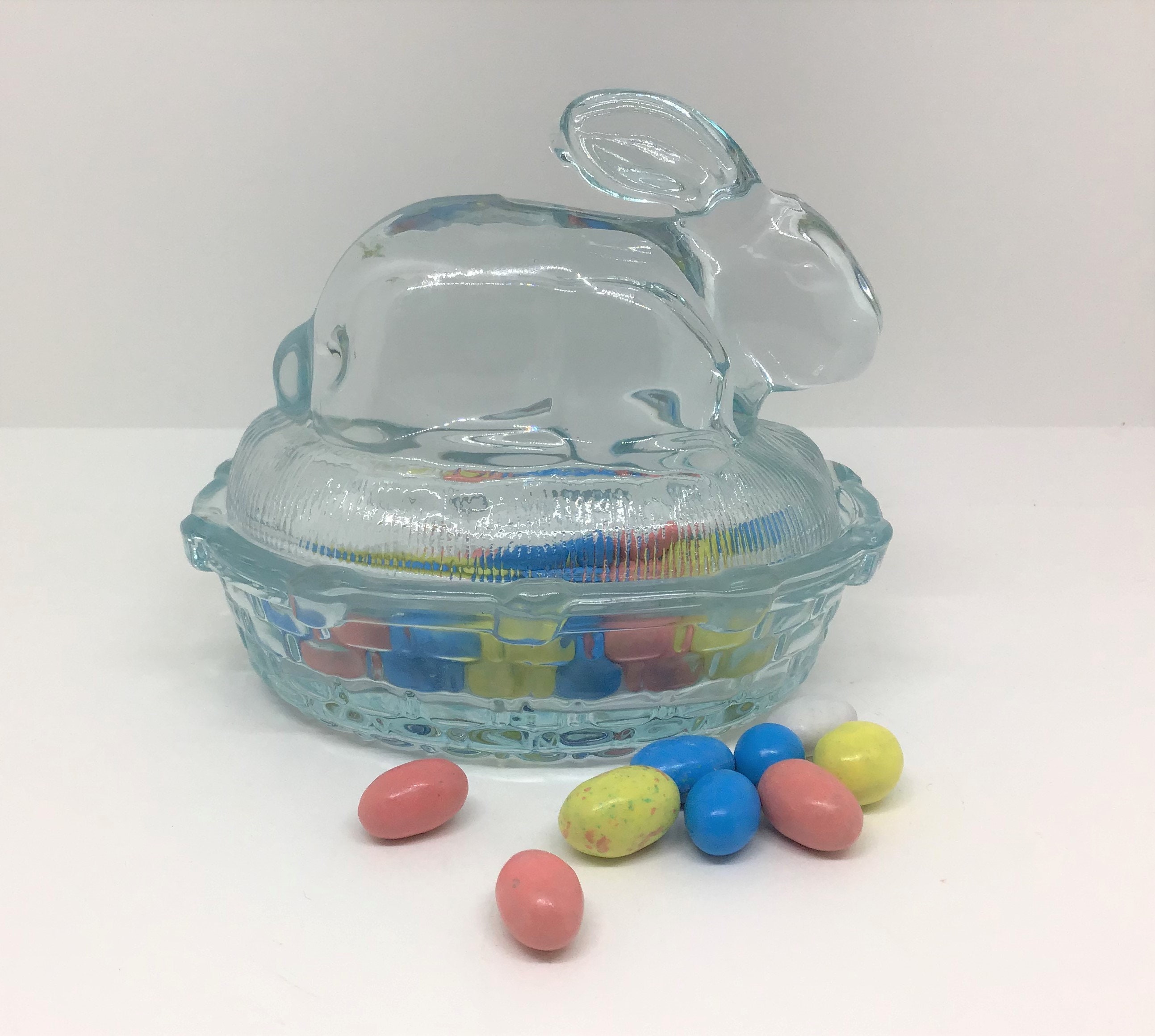 Blue Glass Bunny Rabbit Dish with Lid Bunny on a Nest Dish | Etsy