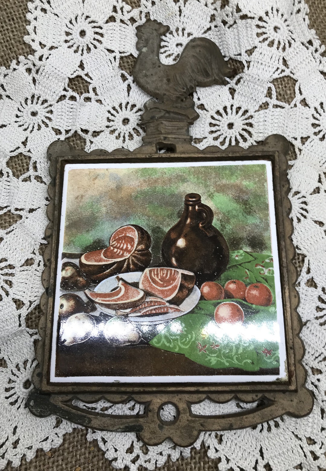 Vintage Trivet, Rooster Cast Iron Porcelain Tile, Made in Japan ...