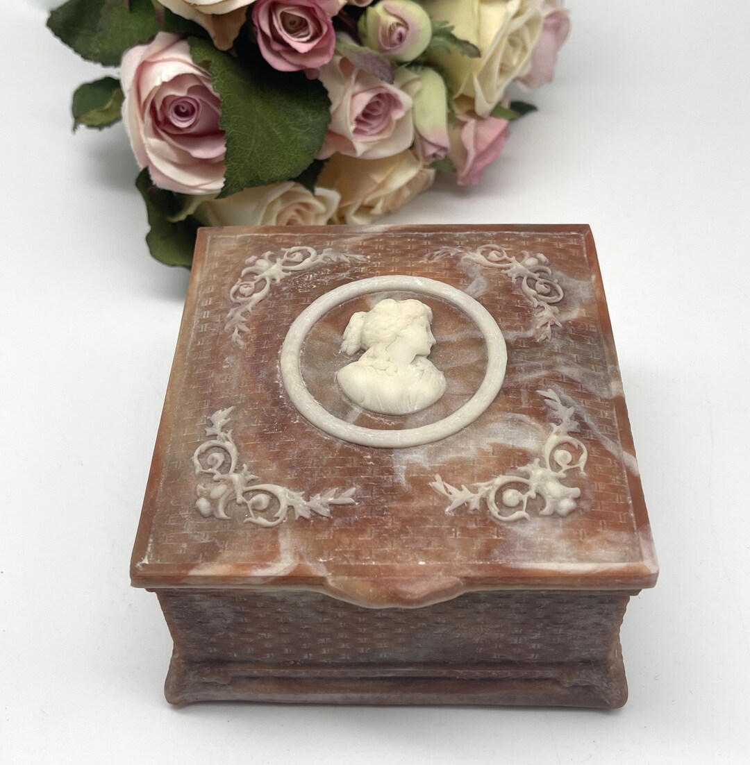 Rare Vintage Incolay Stone Jewelry Box With Cameo and Velvet Lining ...