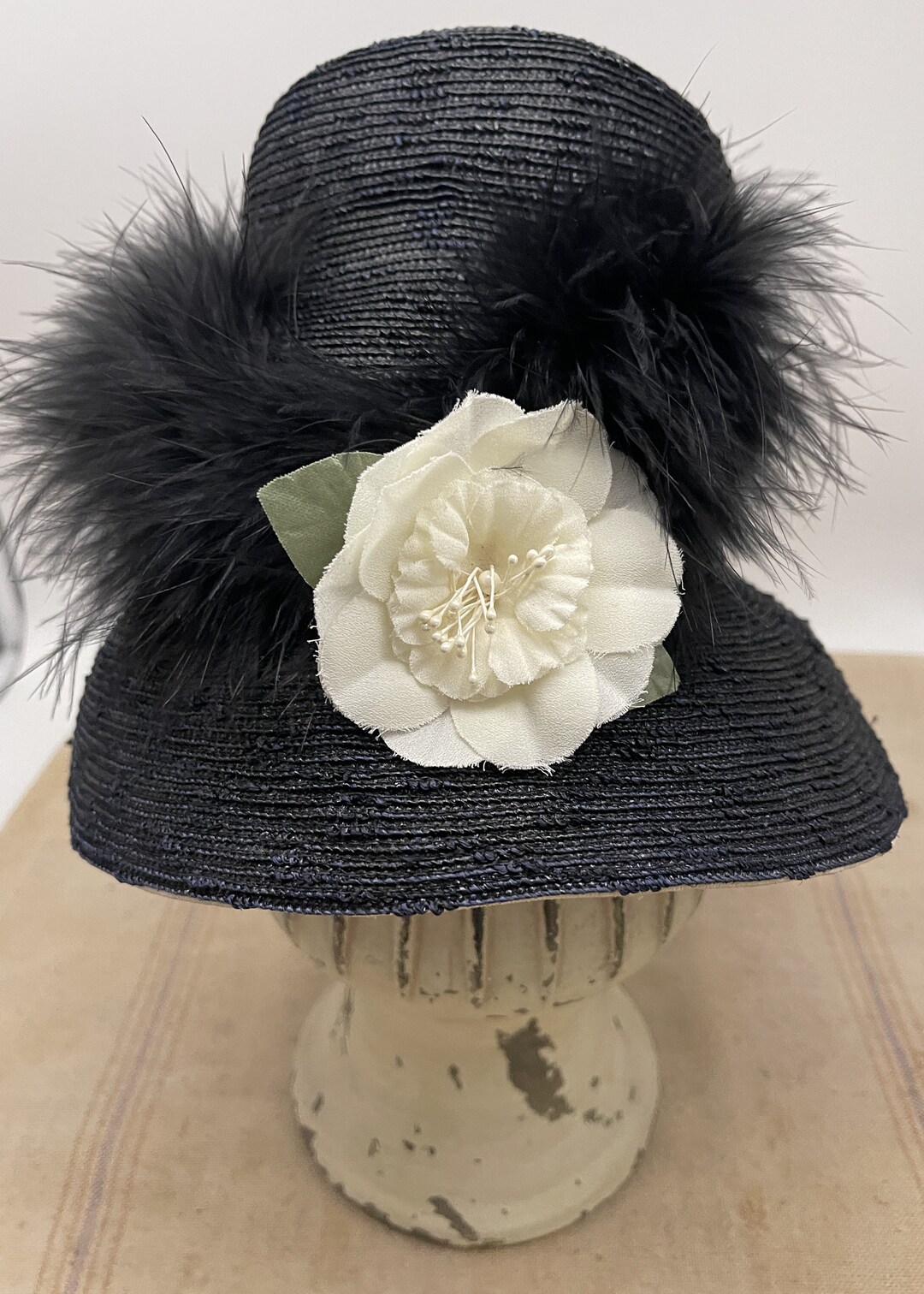 Vintage Ladies Black Hat With a White Flower, Tall Womens Woven Hat ...