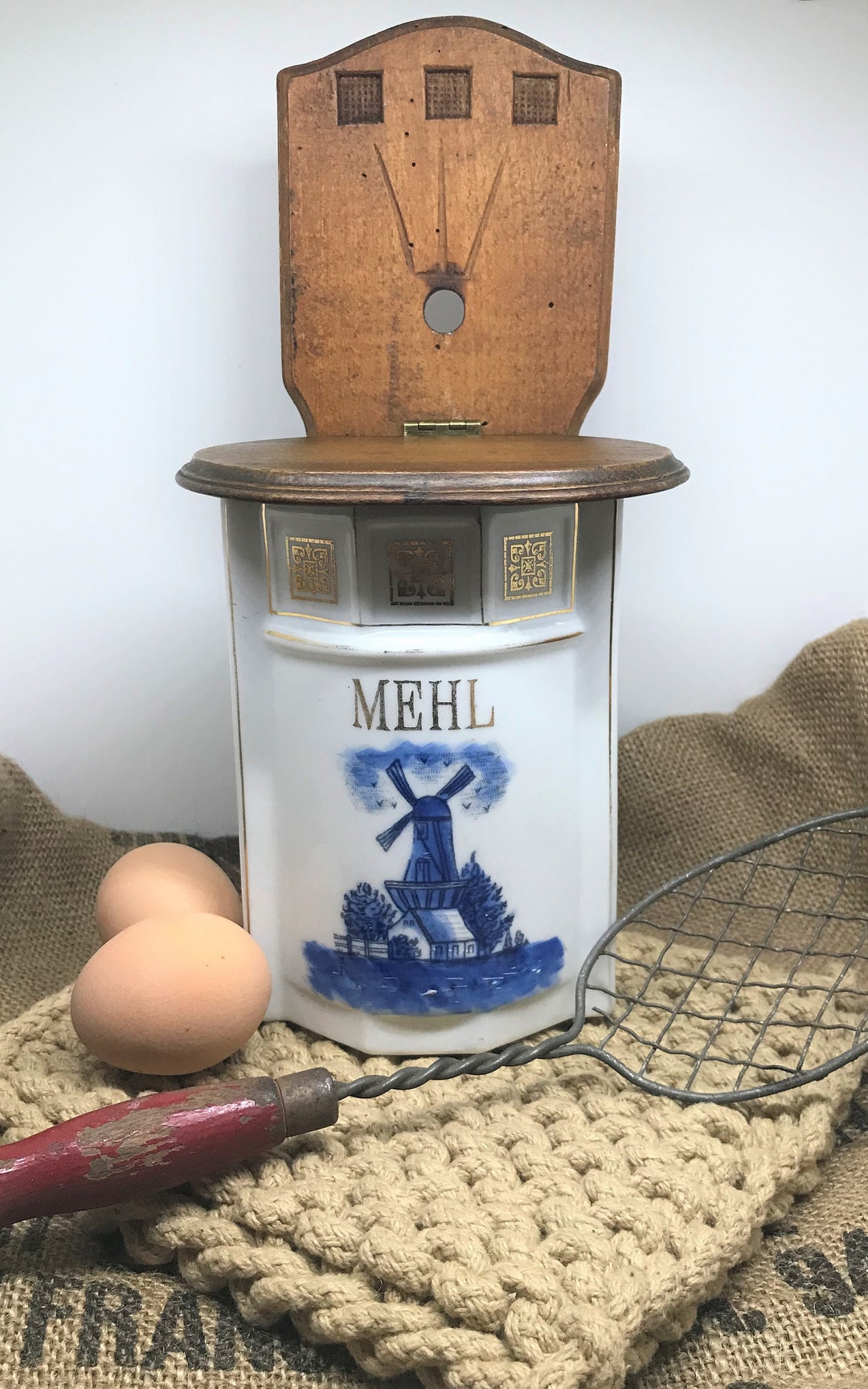 Antique German Flour Mehl Box, Primitive Rustic Blue and White Hanging ...