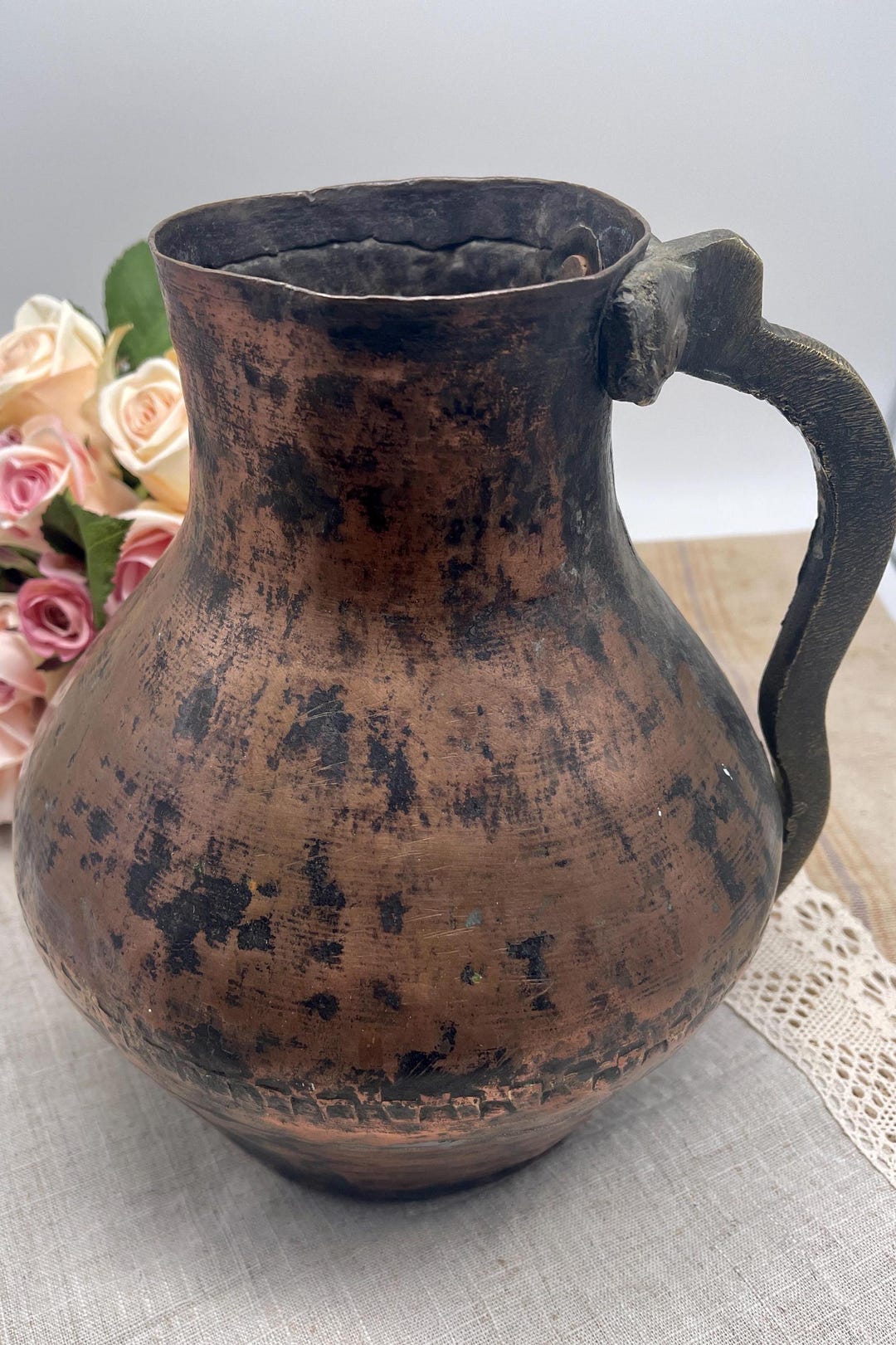 Antique Primitive 19th Century Handled Copper Brass Jug, French Country ...