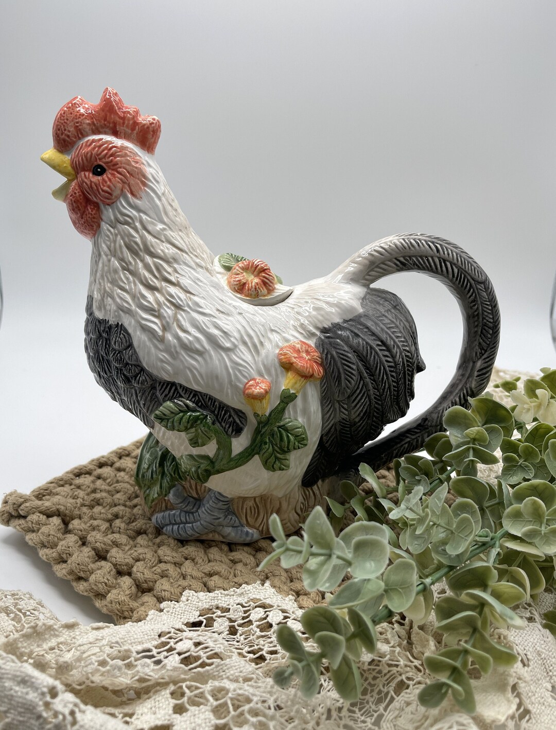 Vintage Rooster Pitcher Teapot Pourer, Chicken Decor, Farmhouse Kitchen ...