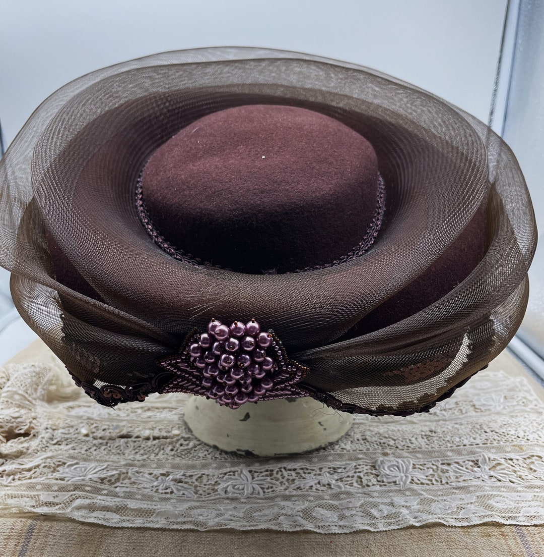 Vintage Ladies 100% Wool Brown Hat With Netting and Fancy Brooch, Derby ...