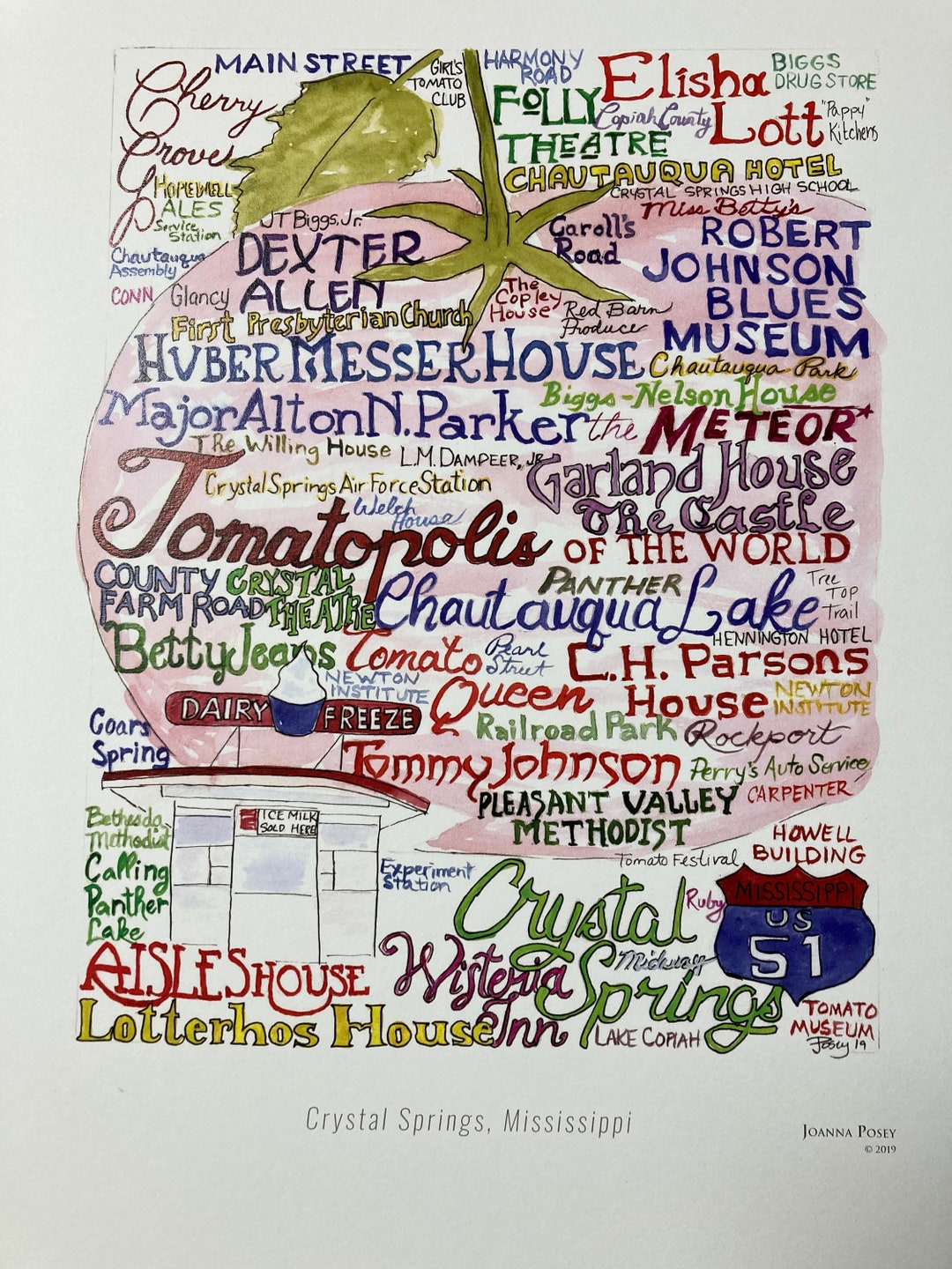 Crystal Springs, Mississippi 8 X 10" Wordart Local Landmark Art Signed ...