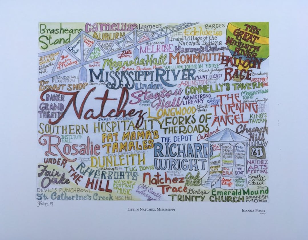 Natchez, Mississippi Wordart Local Landmark Art Signed Print UNFRAMED ...