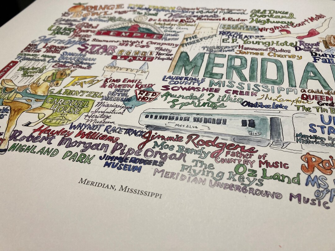 Meridian, Mississippi 10 X 8" Wordart Local Landmark Art Signed Print ...
