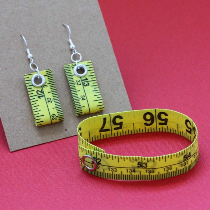 Tape Measure Jewelry Set In Bright Yellow Earrings And Bracelet Statement Jewelry Created With
