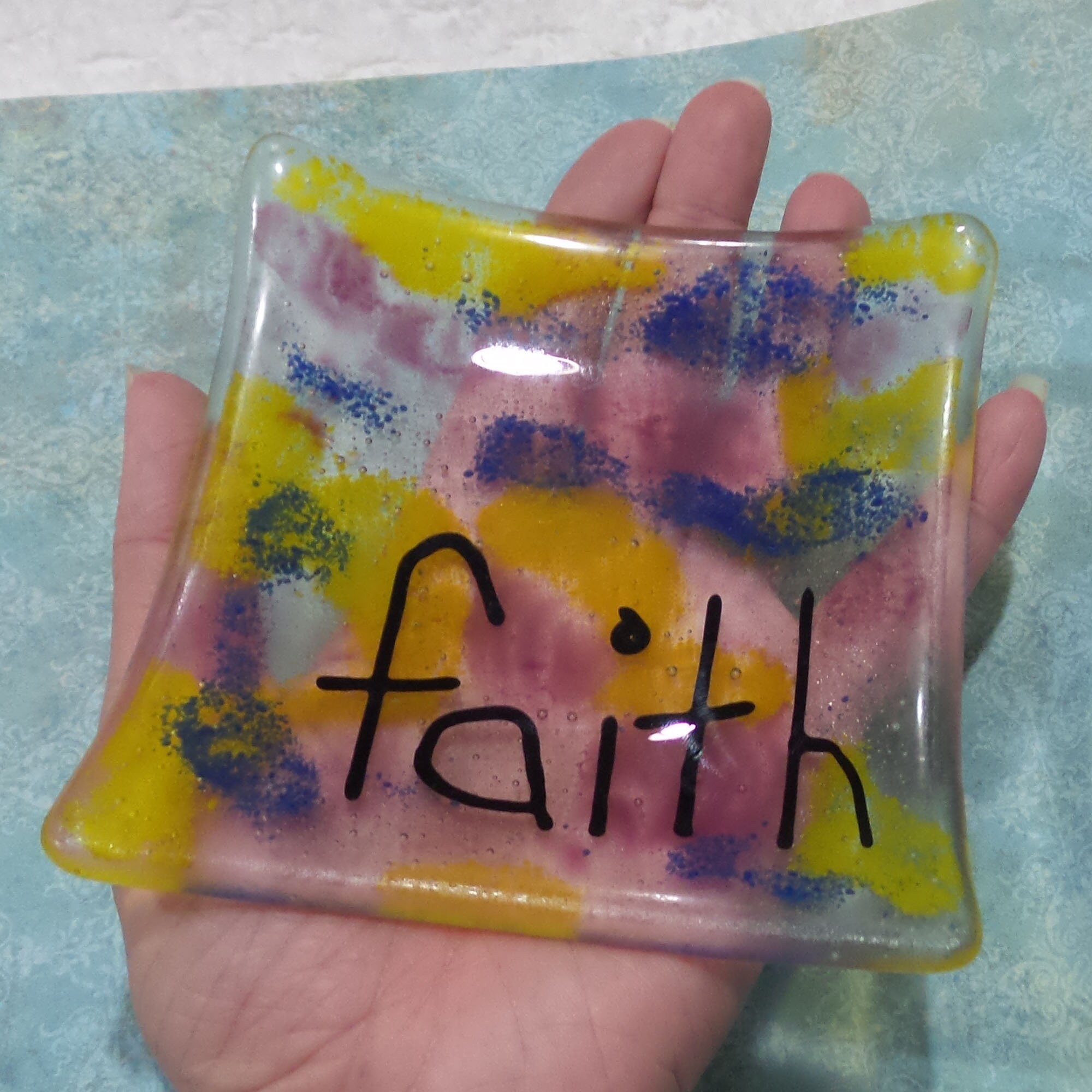 Religious Faith Plate Small Square Jewelry Plate Yellow Blue | Etsy