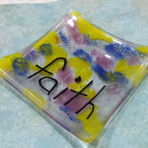 Religious Faith Plate, Small Square Jewelry Plate, Yellow Blue Ring ...