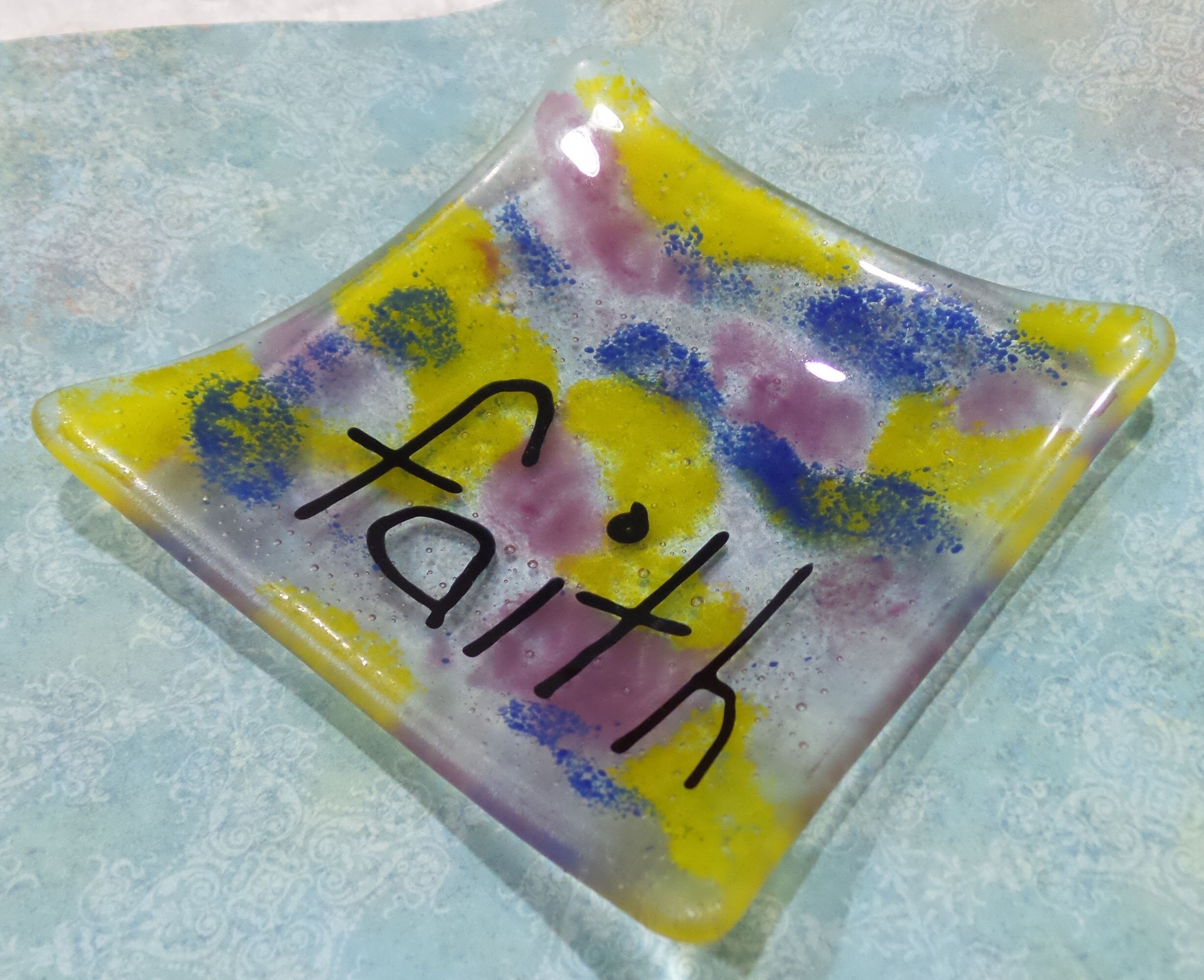 Religious Faith Plate Small Square Jewelry Plate Yellow Blue | Etsy