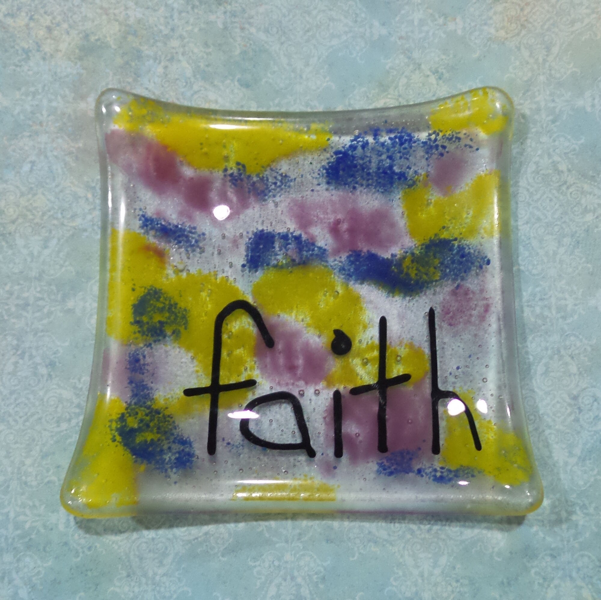 Religious Faith Plate Small Square Jewelry Plate Yellow Blue | Etsy