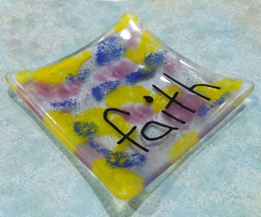 Religious Faith Plate, Small Square Jewelry Plate, Yellow Blue Ring ...