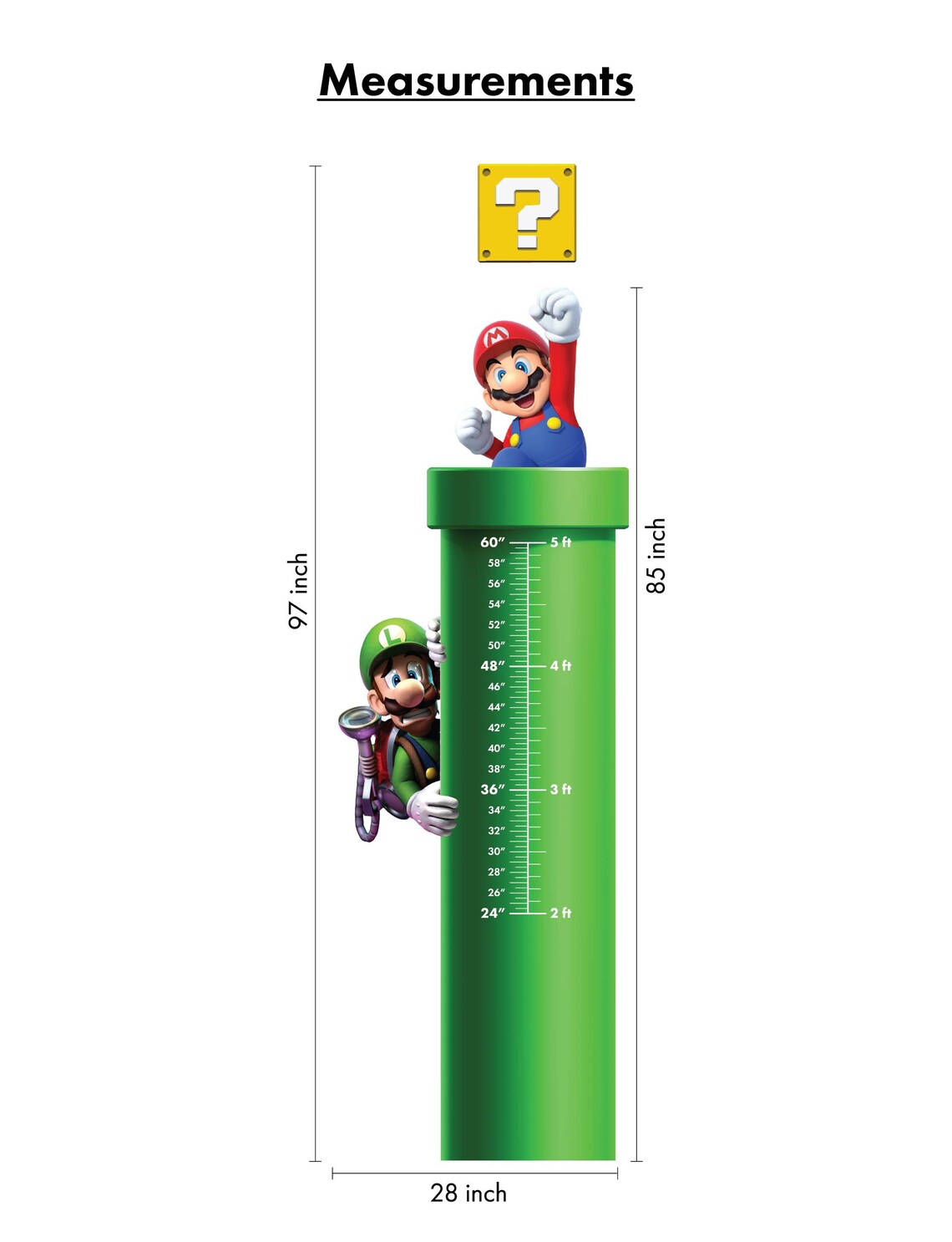 Peel and Stick Super Mario Bros Wall Decal Luigi Growth Chart Wall Art ...