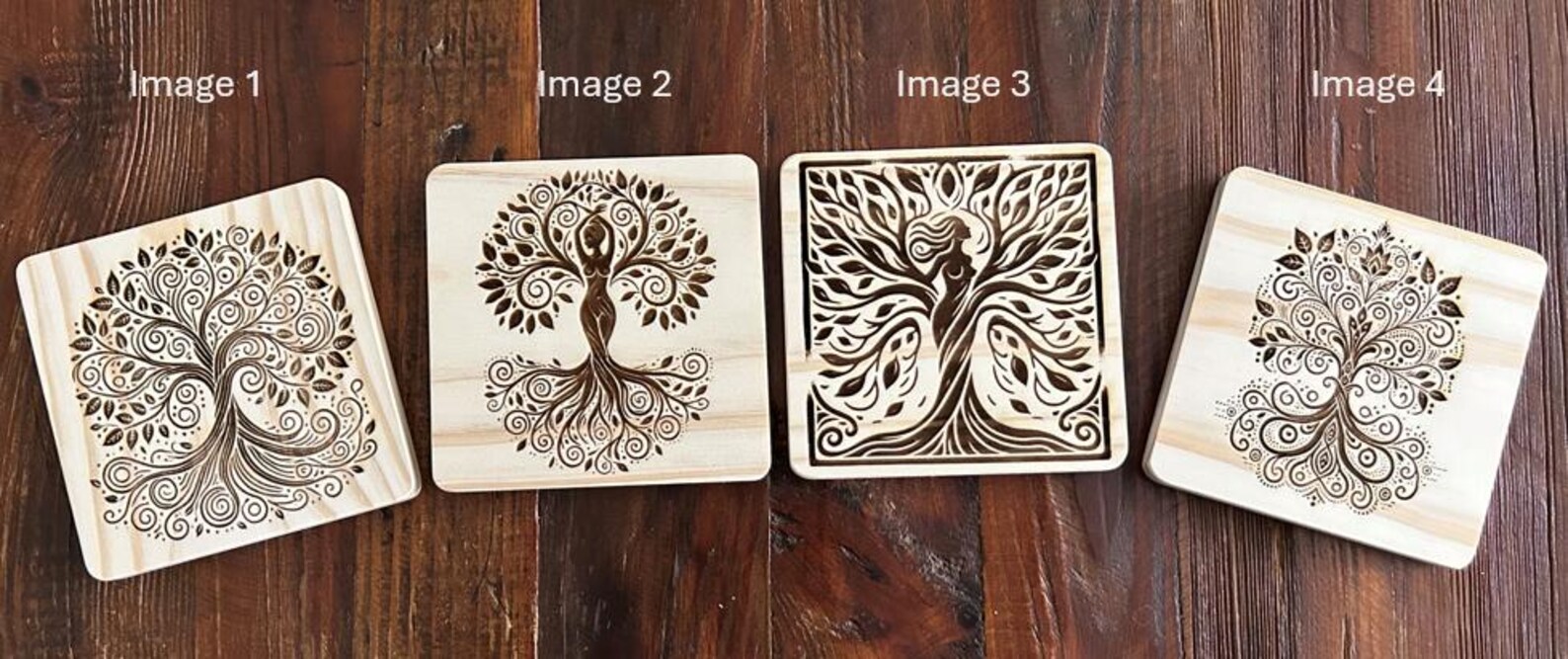 Set of 4 Tree of Life Wood Coasters – Laser Engraved Wooden Coasters ...