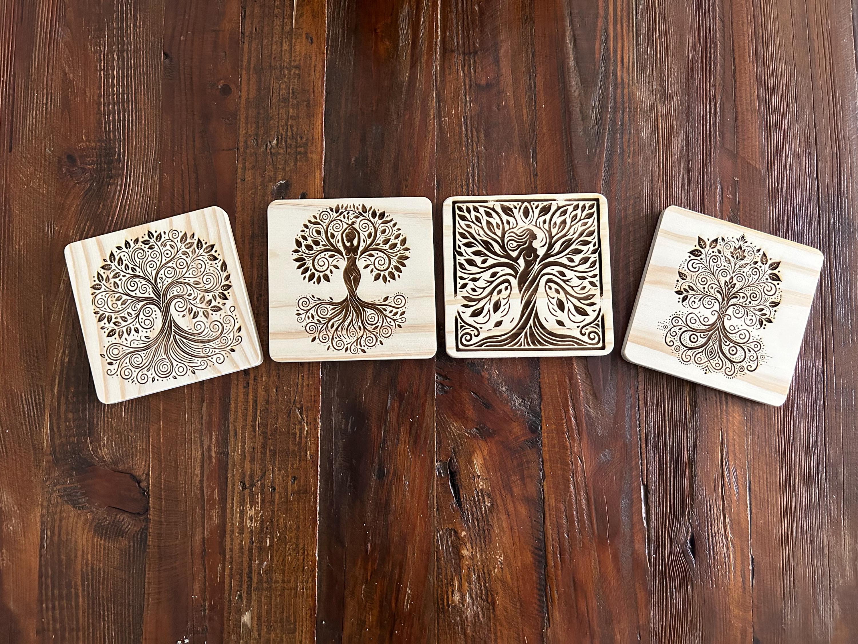 Set of 4 Tree of Life Wood Coasters – Laser Engraved Wooden Coasters ...