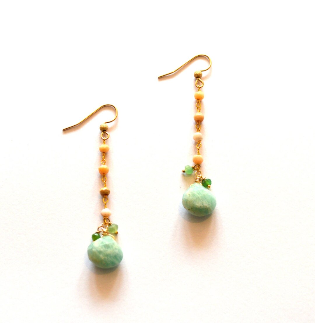Light Green Earrings: Gold Mint Pink Rose Quartz Gemstone Jewelry, 14K ...
