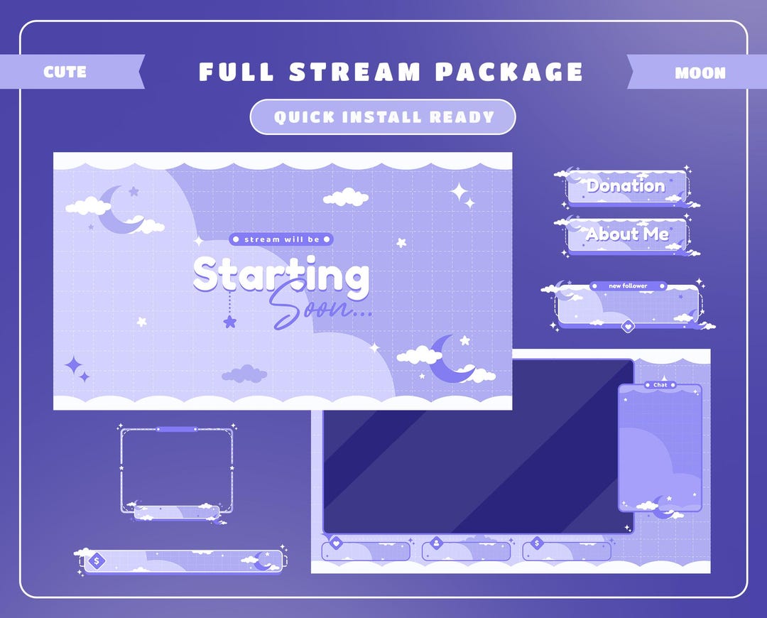 Blue Cute Moon Animated Overlay Package for Twitch,youtube, Overlay ...
