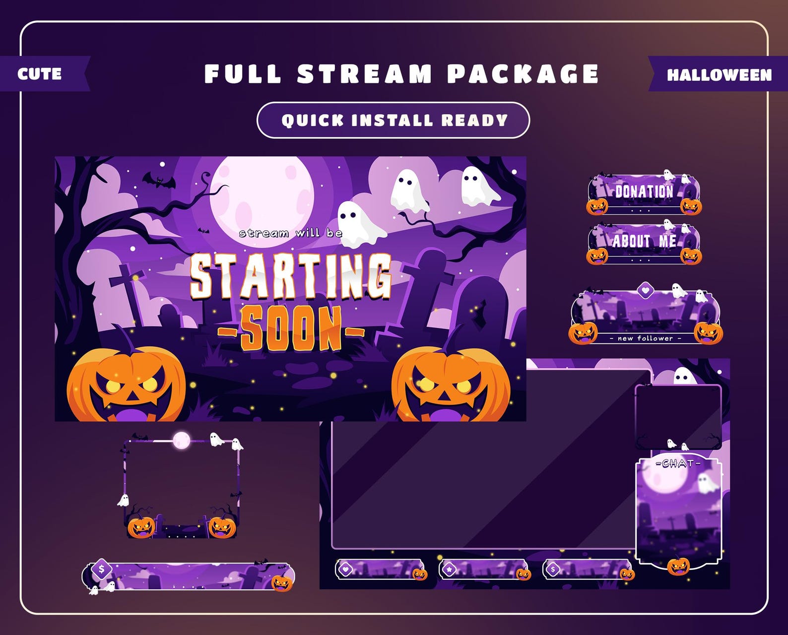 Cute Halloween Animated Overlay Package for Twitch, Youtube, Webcam ...