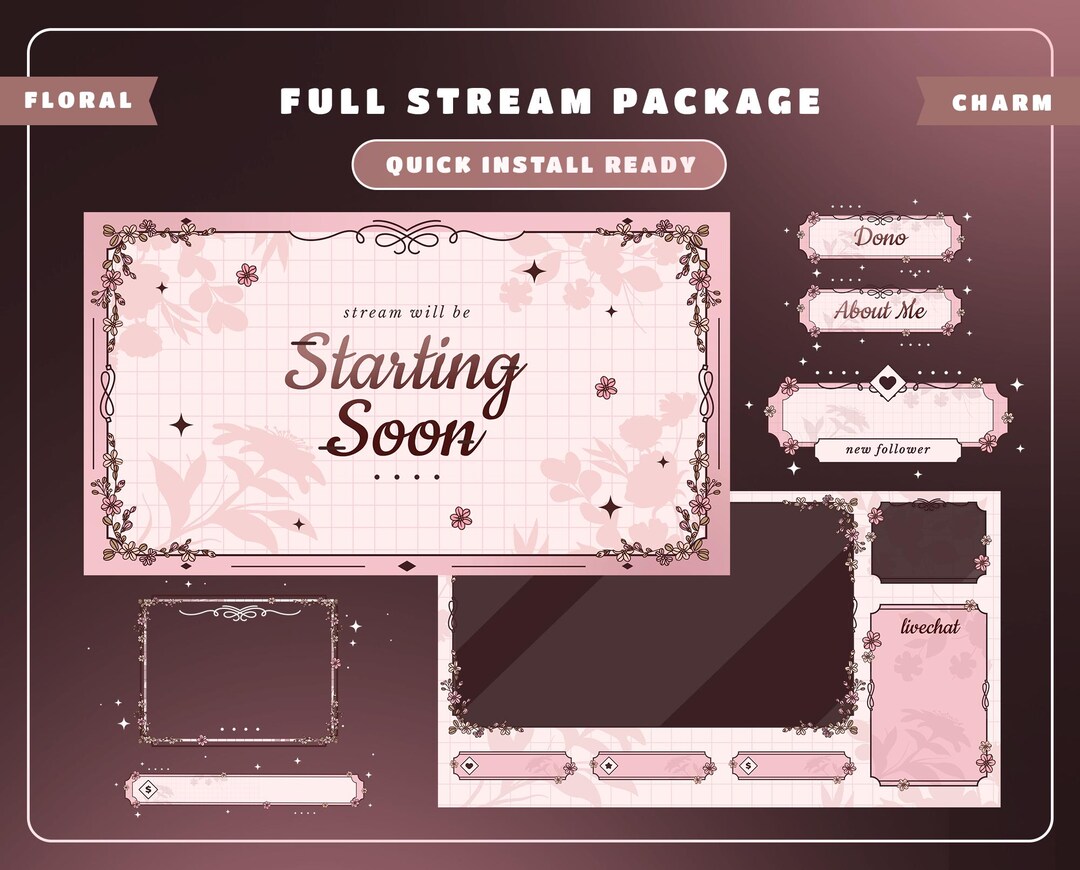 Floral Charm Animated Overlay Package, Soft Pink Aesthetic Twitch ...
